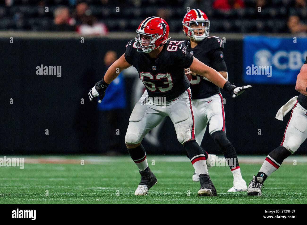 Atlanta Falcons guard Chris Lindstrom (63) works during the second half ...