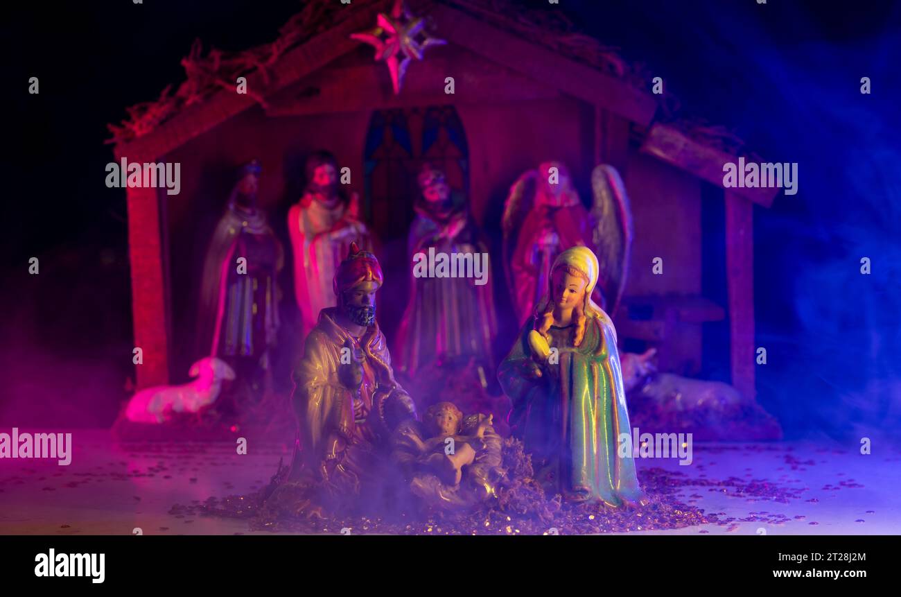 Christmas Jesus in crib. Christmas nativity scene of born Jesus Christ ...
