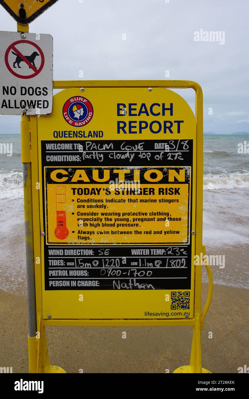 Beach Report lifeguard sign with weather and stinger warning at beach ...