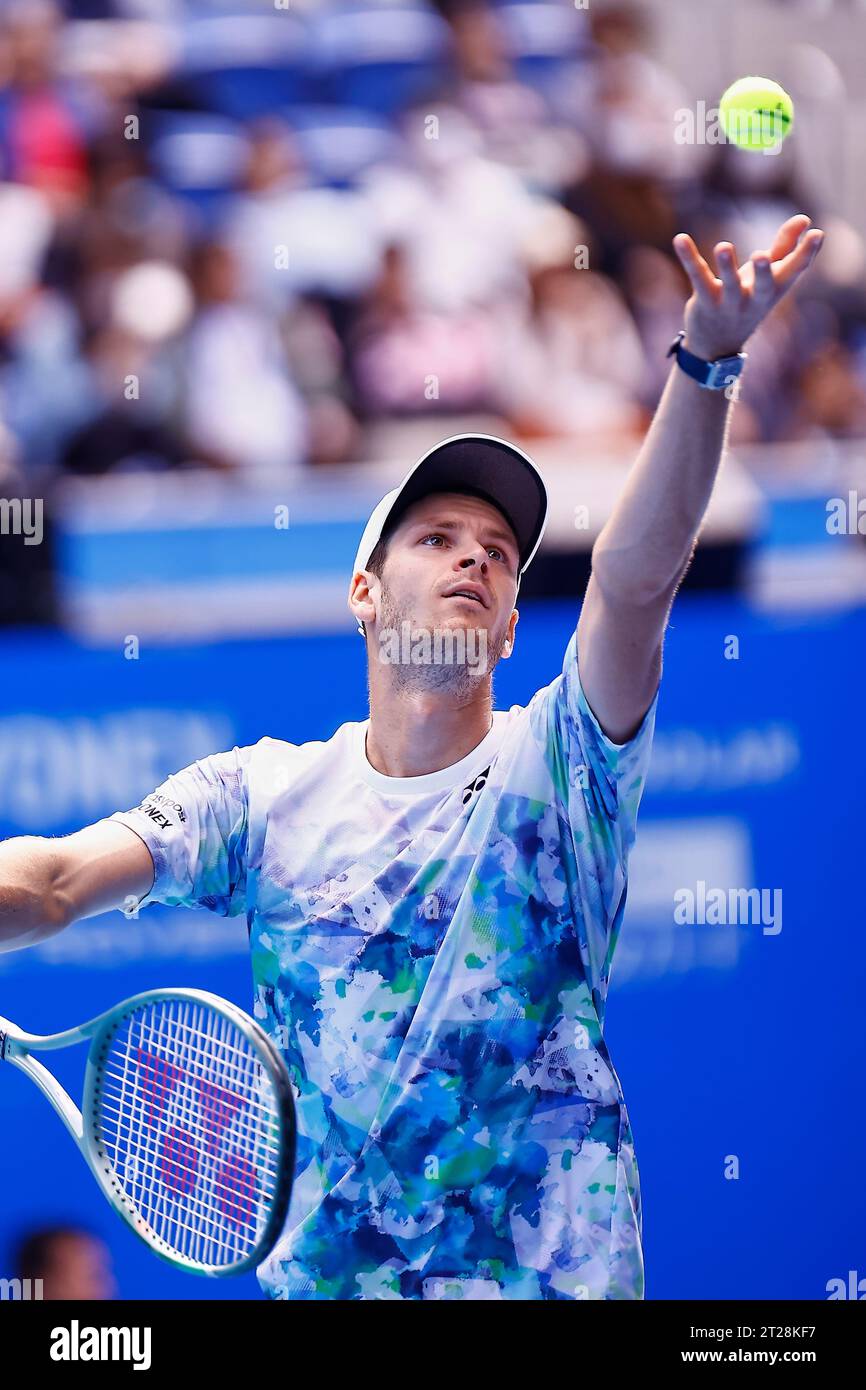 Tokyo, Japan. 18th Oct, 2023. Hubert HURKACZ (POL) serves against Zhizhen ZHANG (CHN) during ...