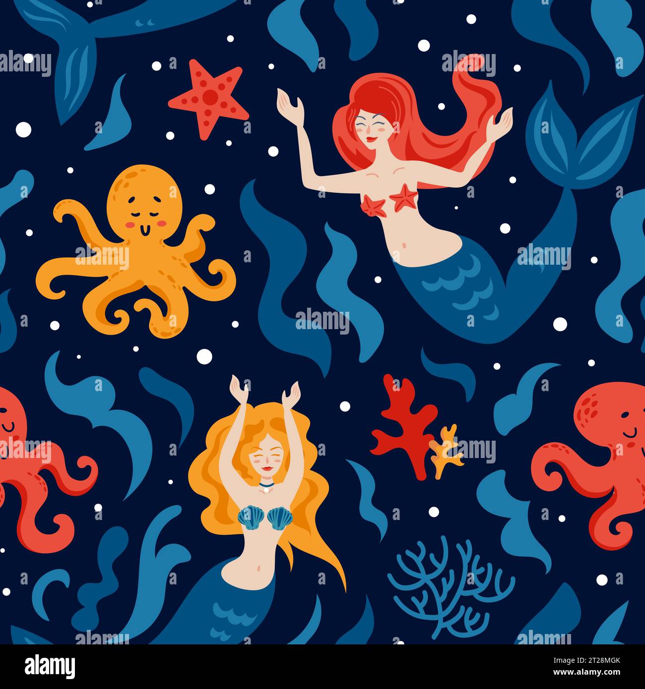Mermaid and octopuses, corals and algae. Ocean, fairy-tale creatures ...