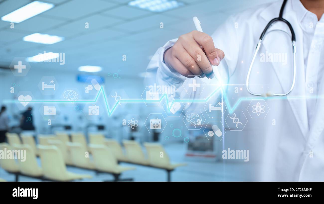 Doctor is using stylus pen touching screen for medical diagnostic ...