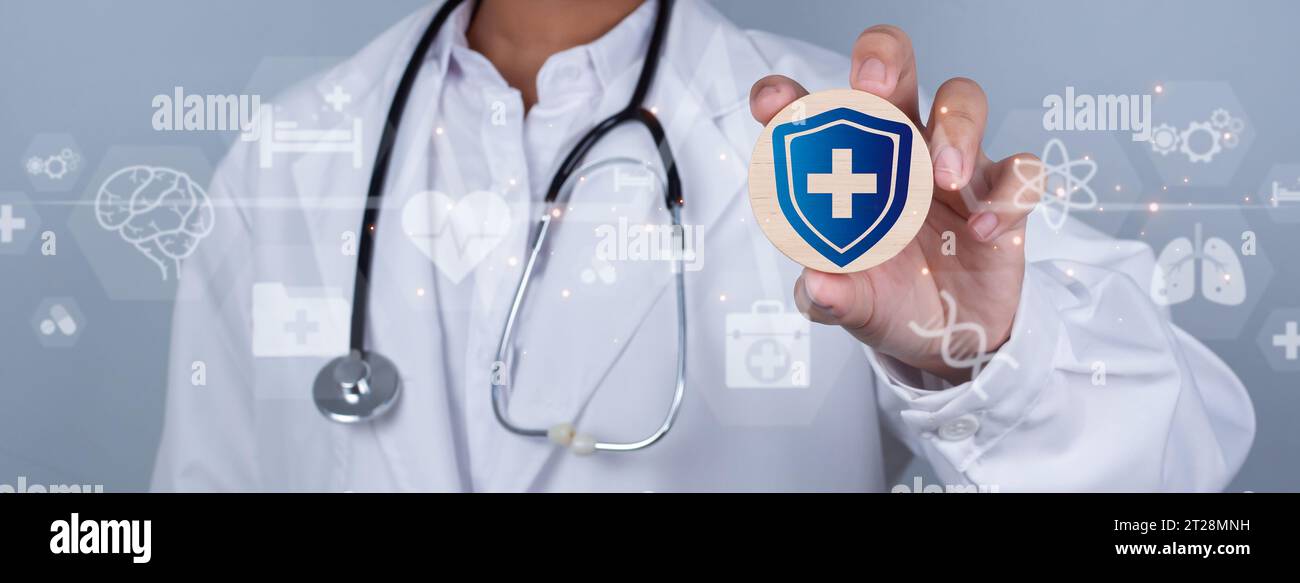 Doctor showing circle wood plank and plus sign represents medical ...