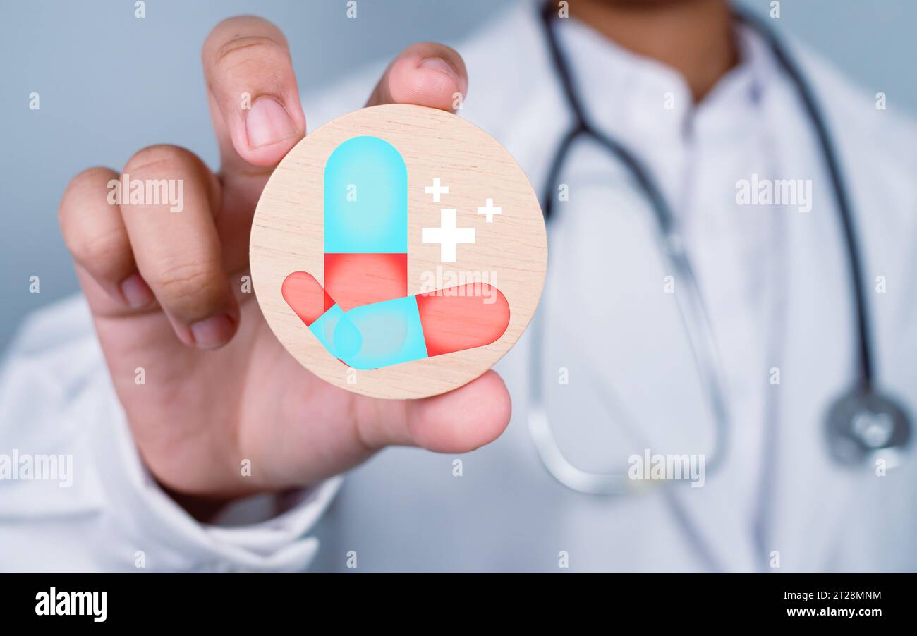 Doctor showing circle wood plank and medicine icon represents medical ...