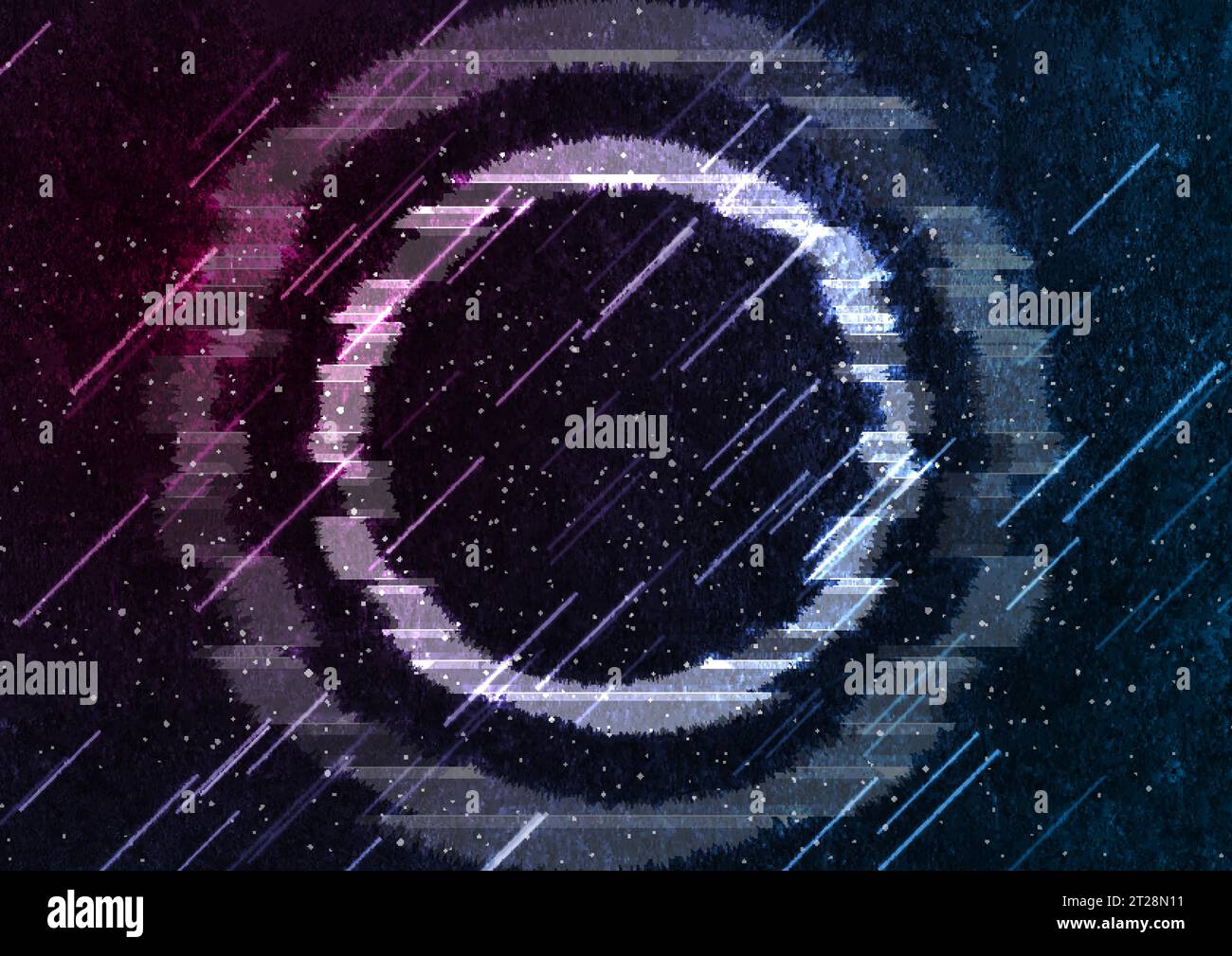 Glitch laser neon circles and rain lines on grunge sky background ...