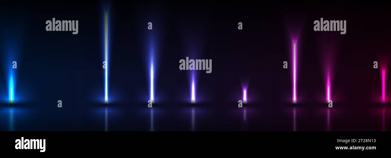 Blue and ultraviolet neon laser lines with reflection. Abstract rays ...