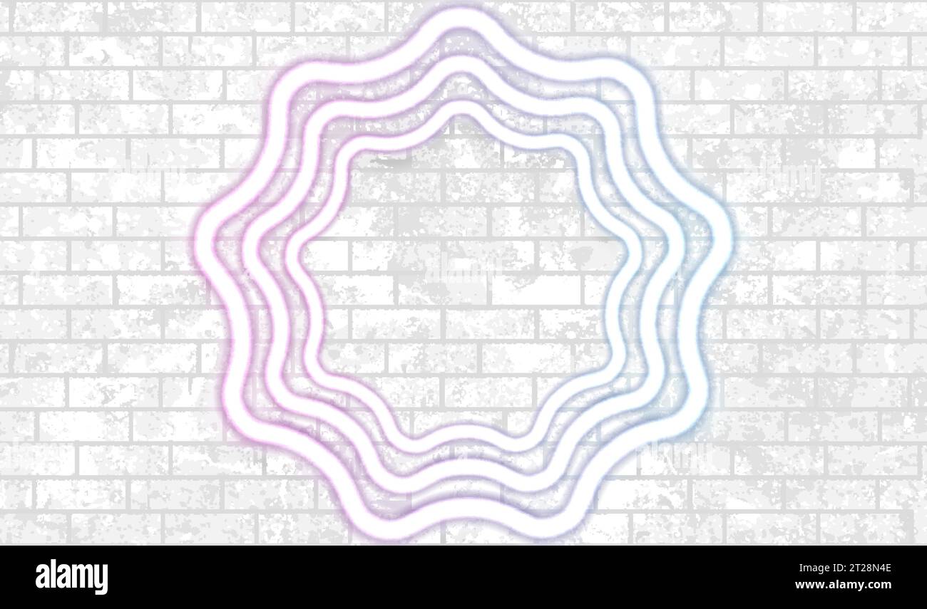 Blue and purple neon wavy label circles on grunge brick wall background ...