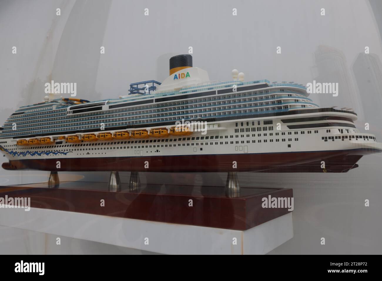 A model of the cruise ship Adora Magic City at North Bund Garden draws ...