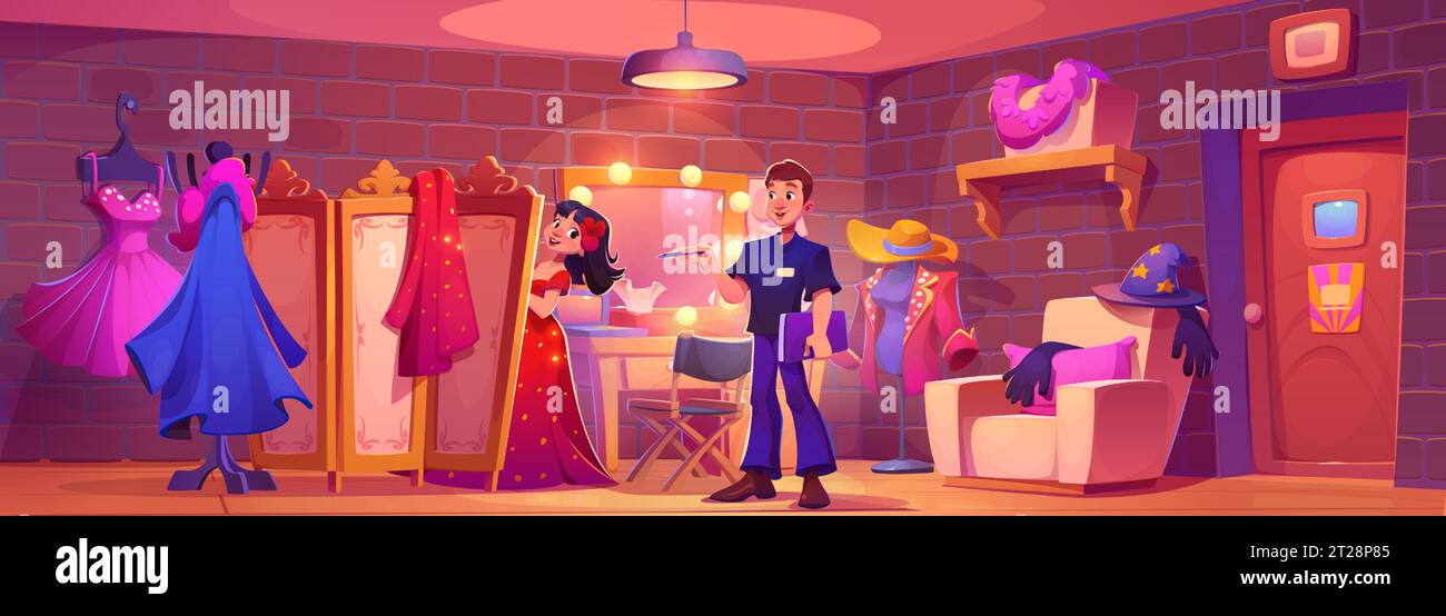 Light theater makeup room with mirror for woman actress dressing. Male ...