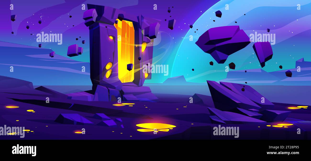 Door with magic portal to travel to another universe or time on rocky ...