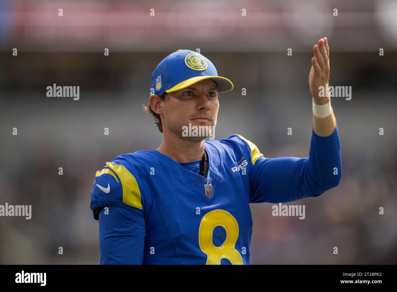 Los Angeles Rams place kicker Brett Maher (8) gestures before an NFL ...