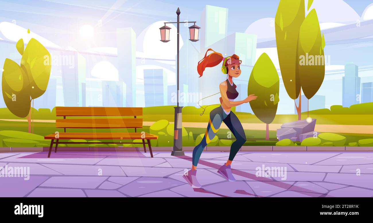 Active woman jogging in city park. Vector cartoon illustration of happy ...