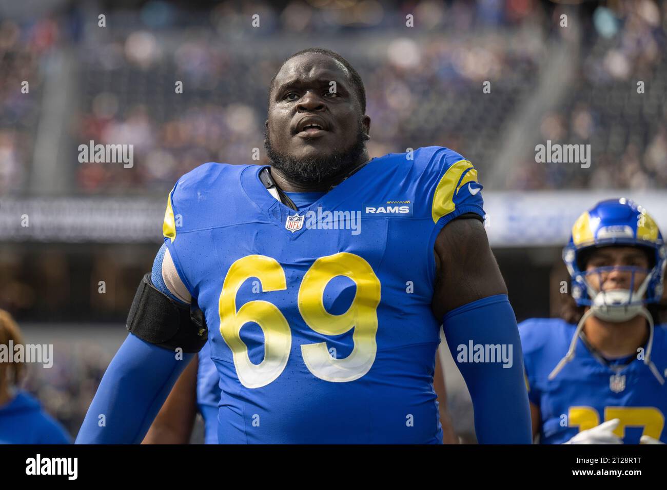 Los Angeles Rams guard Kevin Dotson (69) walks back to the locker room ...