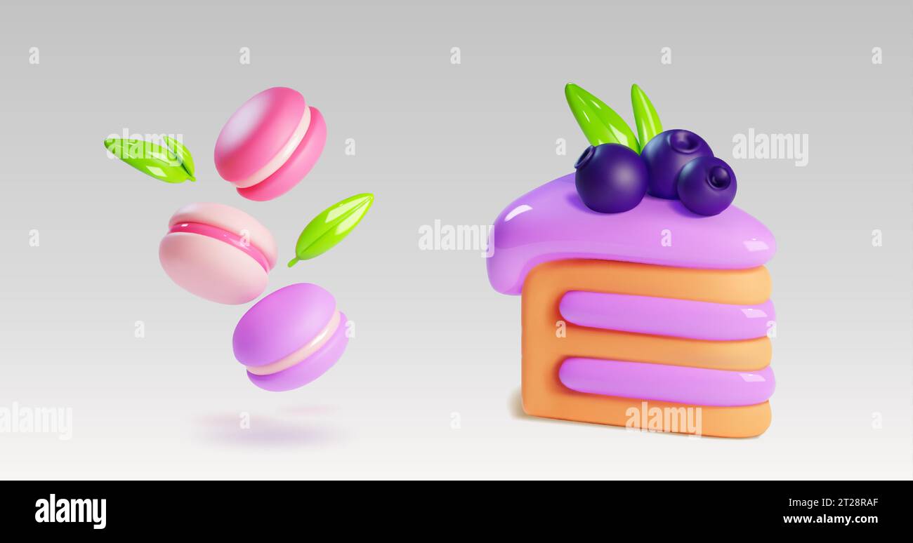 Sweet baked dessert 3d - triangular piece of layered cake with purple cream decorated with ...