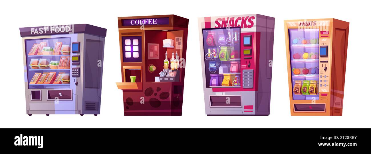 Vending machine with snack and drink illustration icon. Fruit, coffee ...