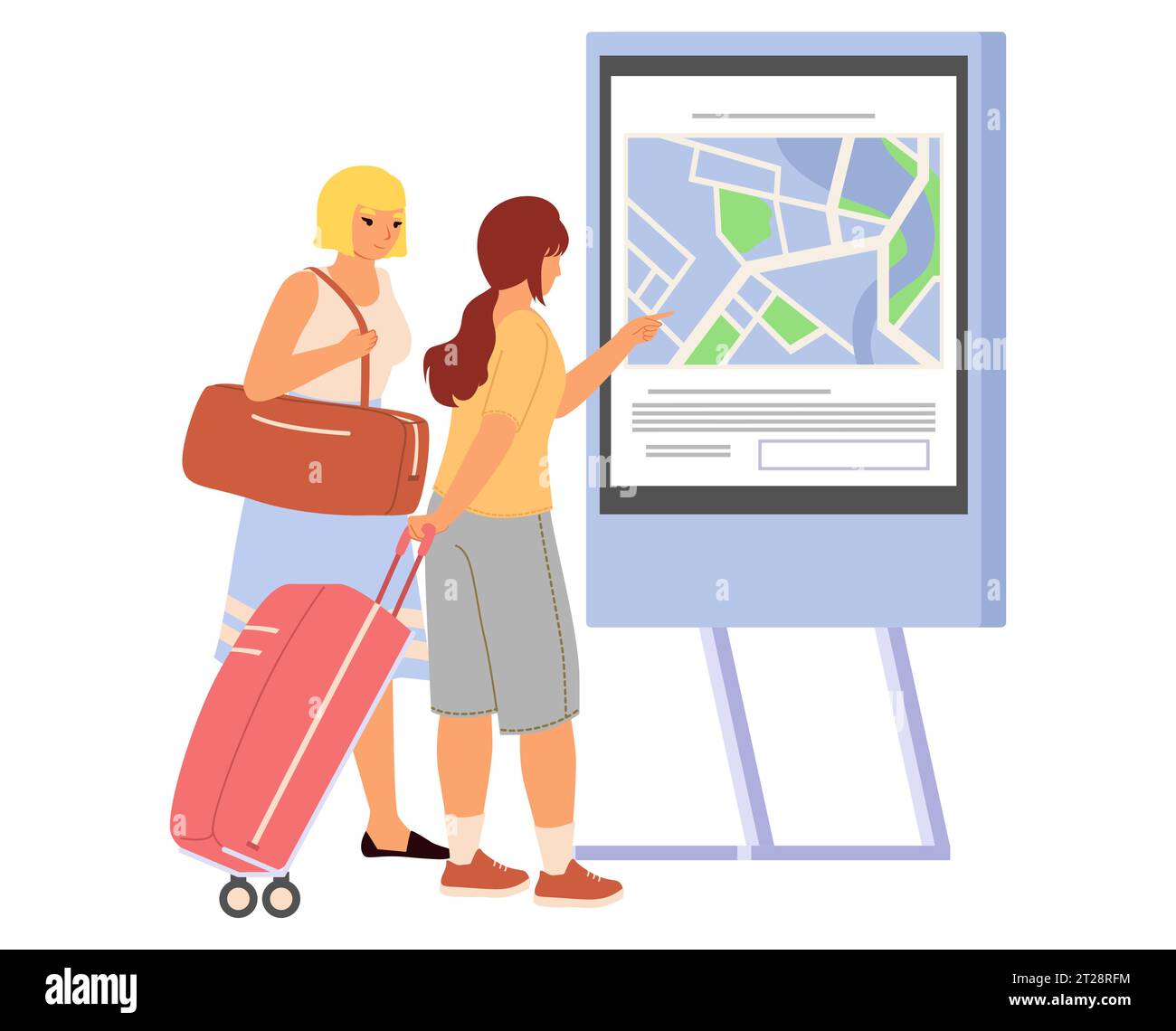 Young woman traveler using self-service navigation kiosk Stock Vector ...