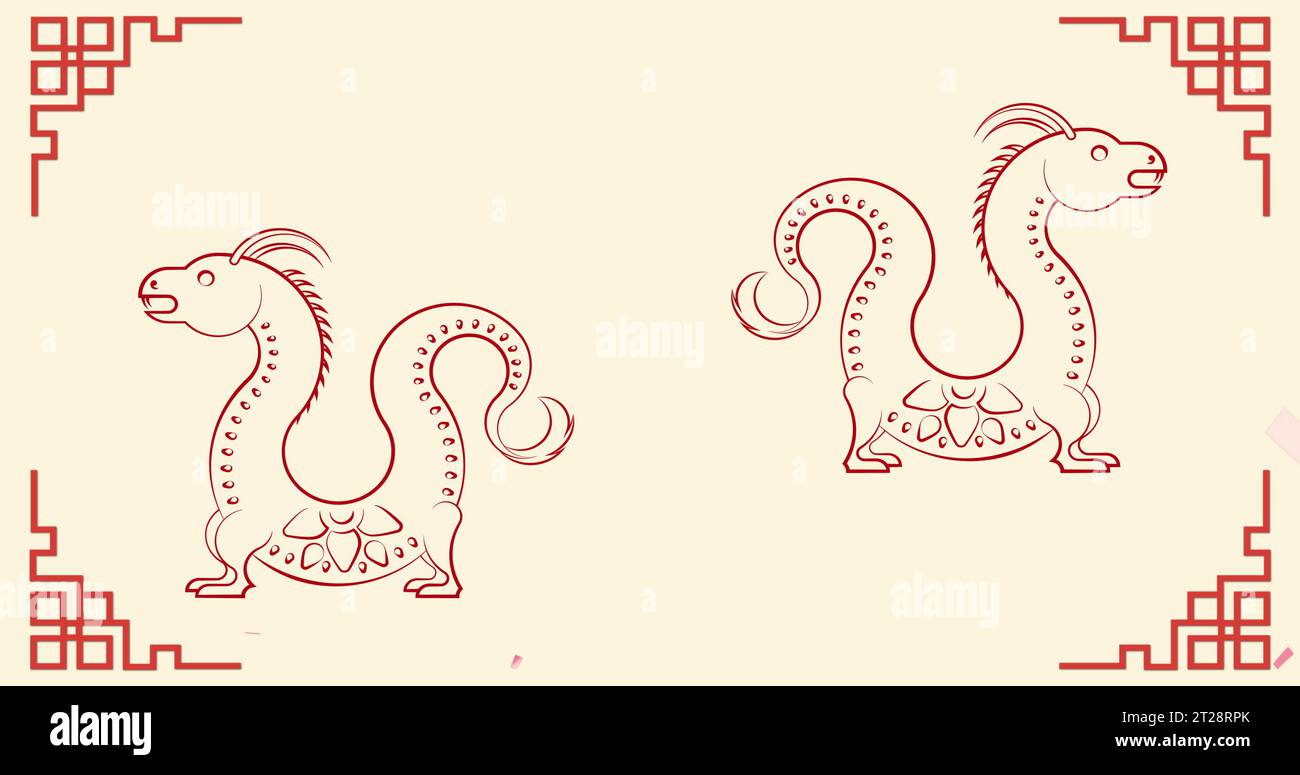 Composite of dragon symbols and chinese pattern on yellow background ...