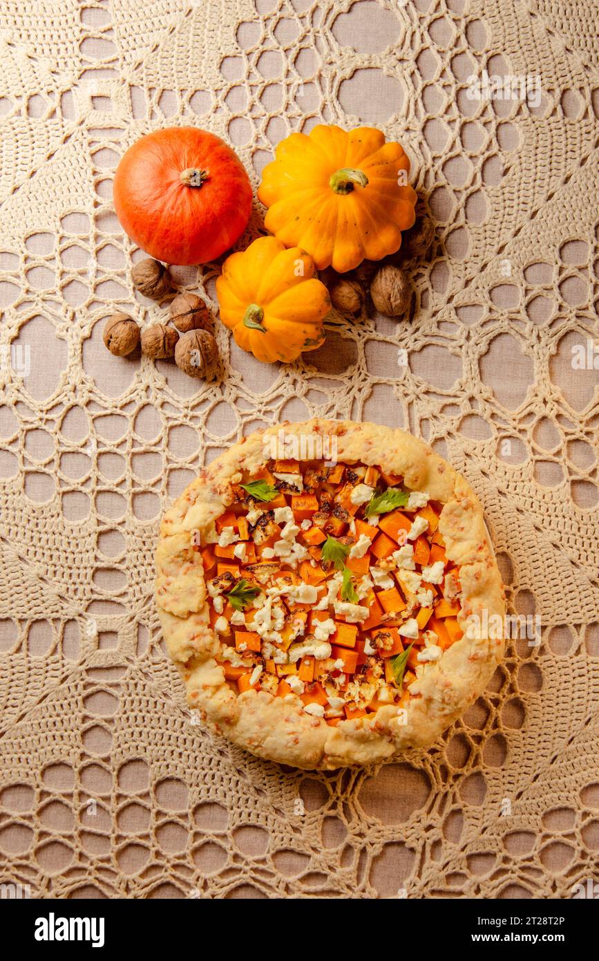 top view fall still life with harvest - raw pumpkin and homemade ...
