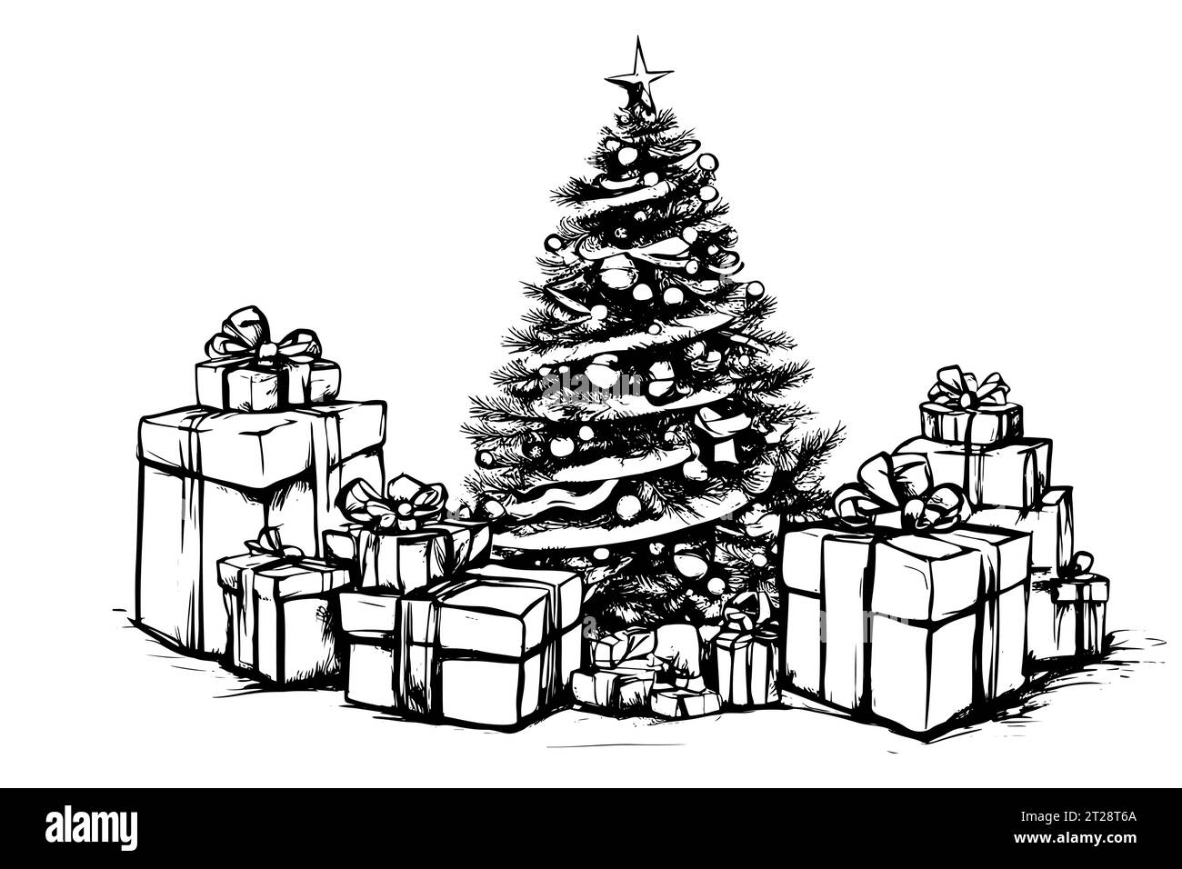 Hand drawn Christmas tree and gift boxes. Vector illustration sketch ...