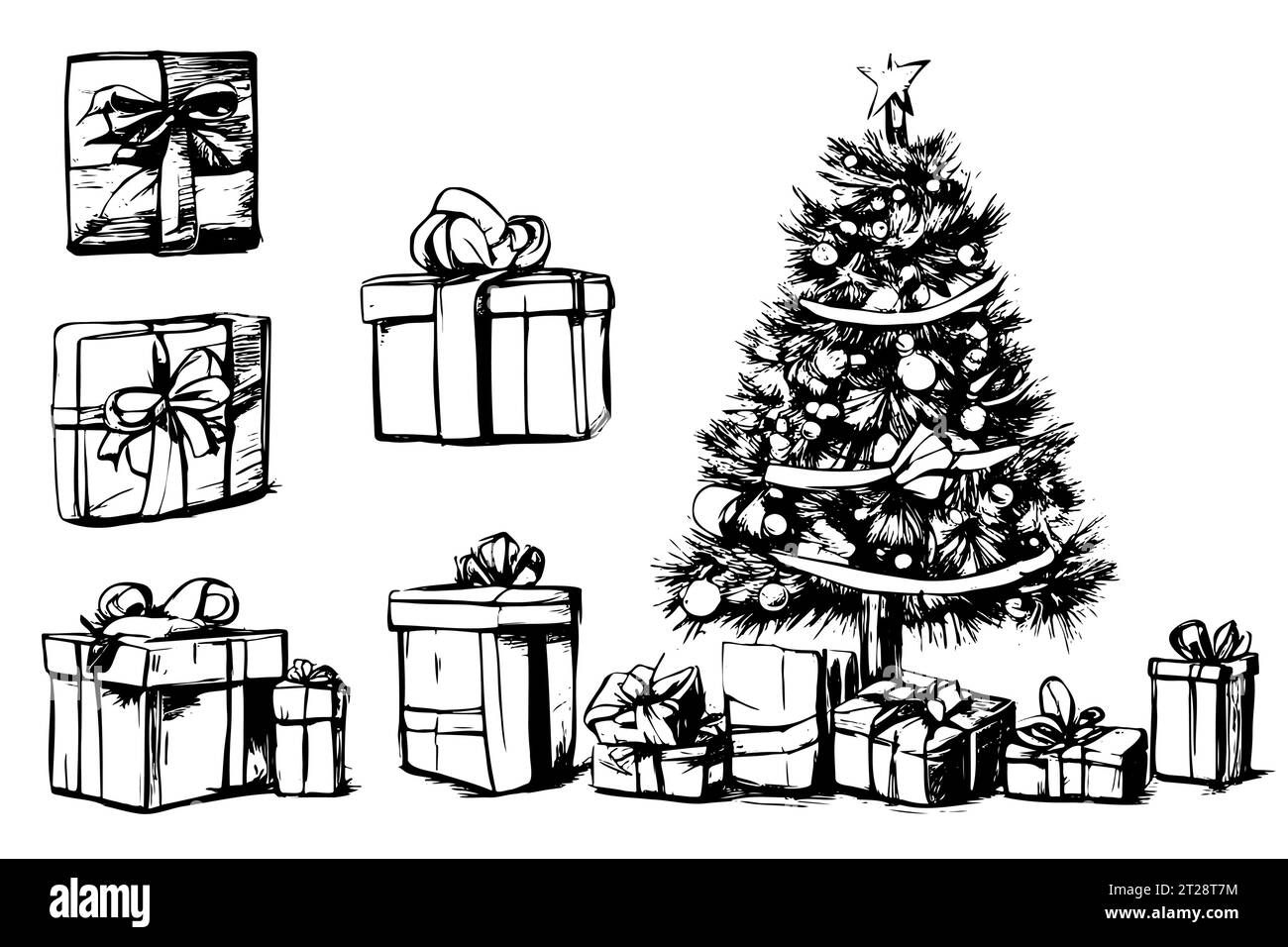 Hand drawn Christmas tree and gift boxes. Vector illustration sketch ...