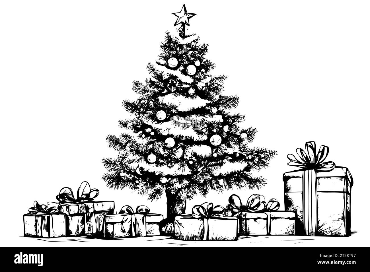 Hand drawn Christmas tree and gift boxes. Vector illustration sketch ...