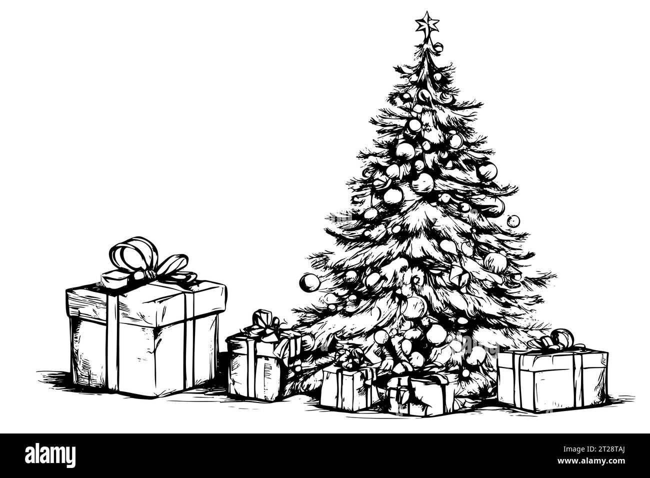 Hand drawn Christmas tree and gift boxes. Vector illustration sketch ...
