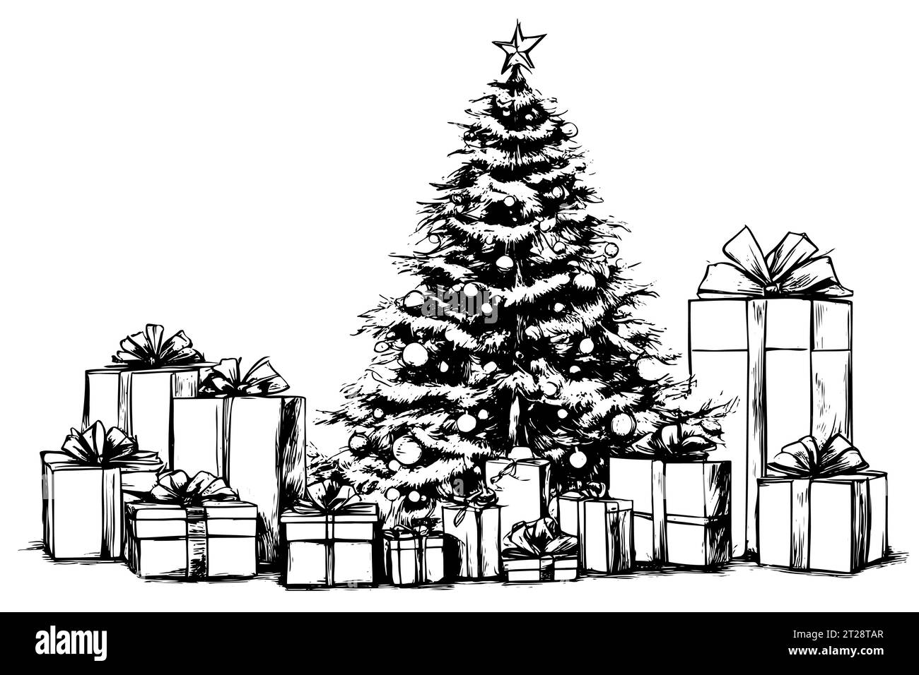 Hand drawn Christmas tree and gift boxes. Vector illustration sketch ...