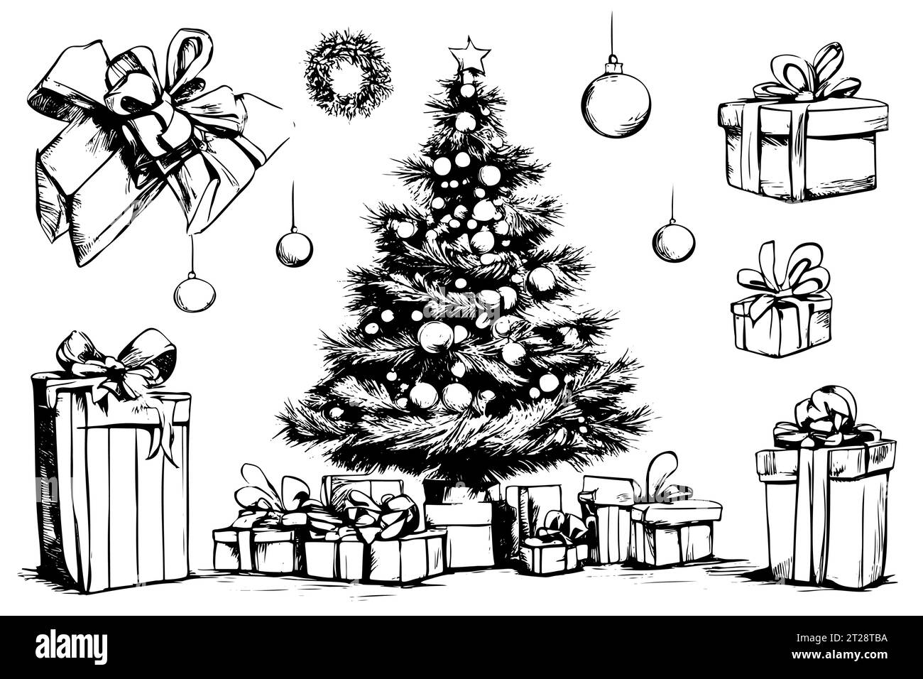 Hand drawn Christmas tree and gift boxes. Vector illustration sketch ...