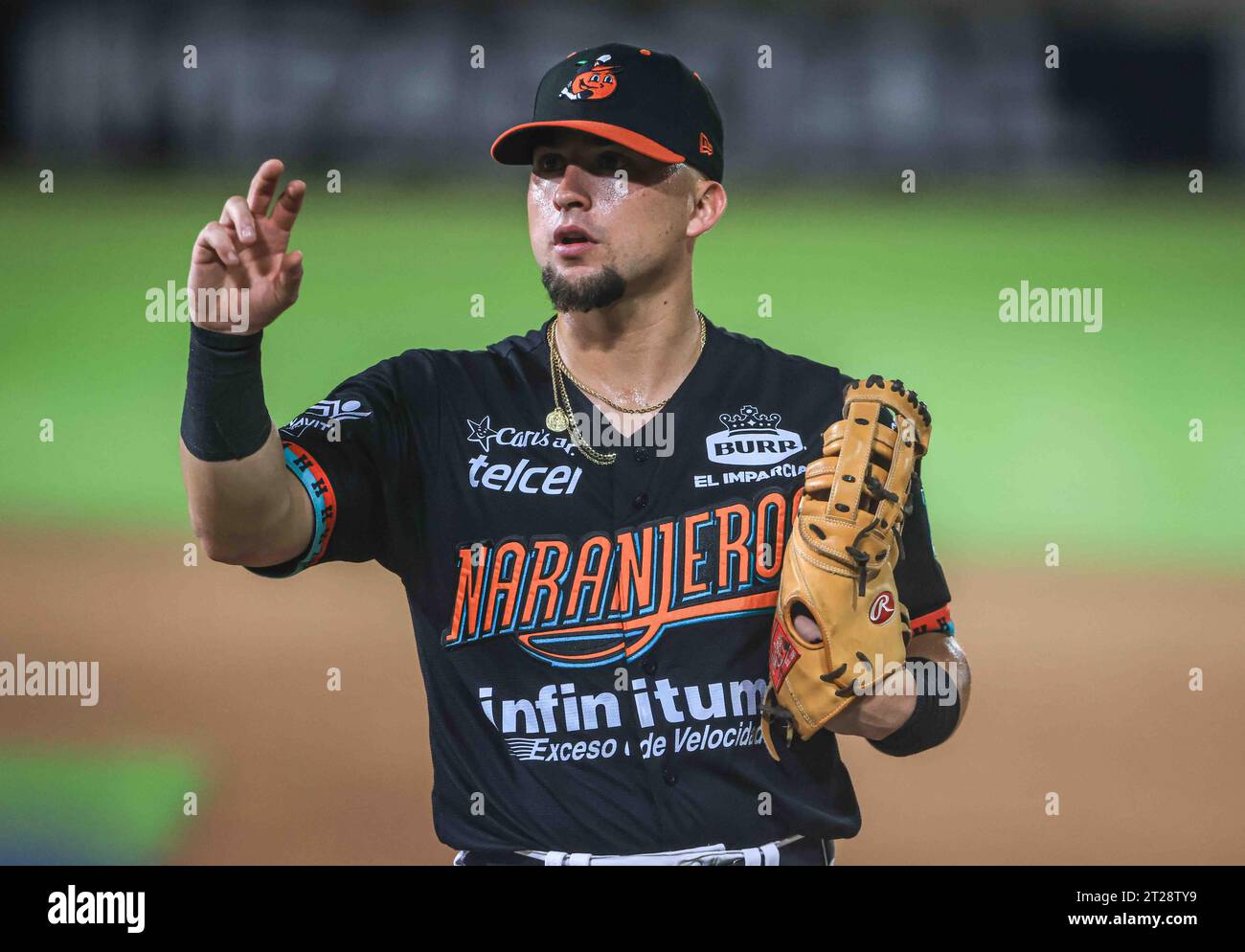 HERMOSILLO, MEXICO - OCTOBER17: Andrés Sosa from Naranjeros makes an indication in the first ...