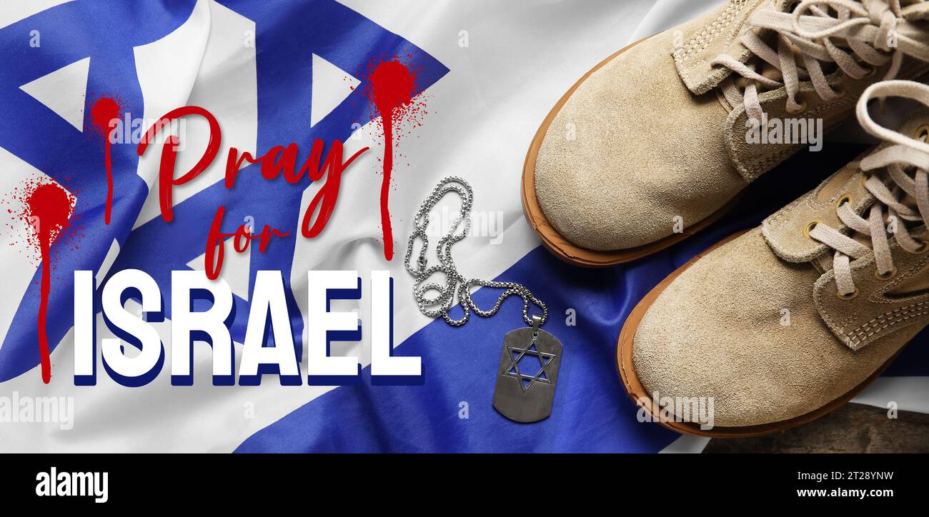 Military boots and dog tag on flag of Israel. Israel-Hamas war Stock ...