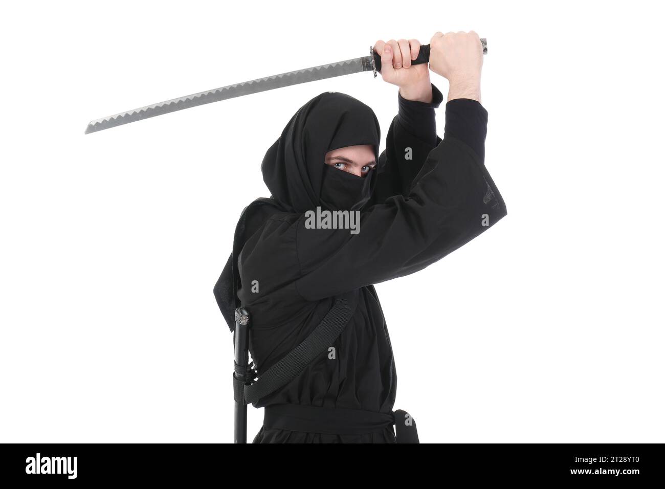 Male ninja with sword on white background Stock Photo - Alamy