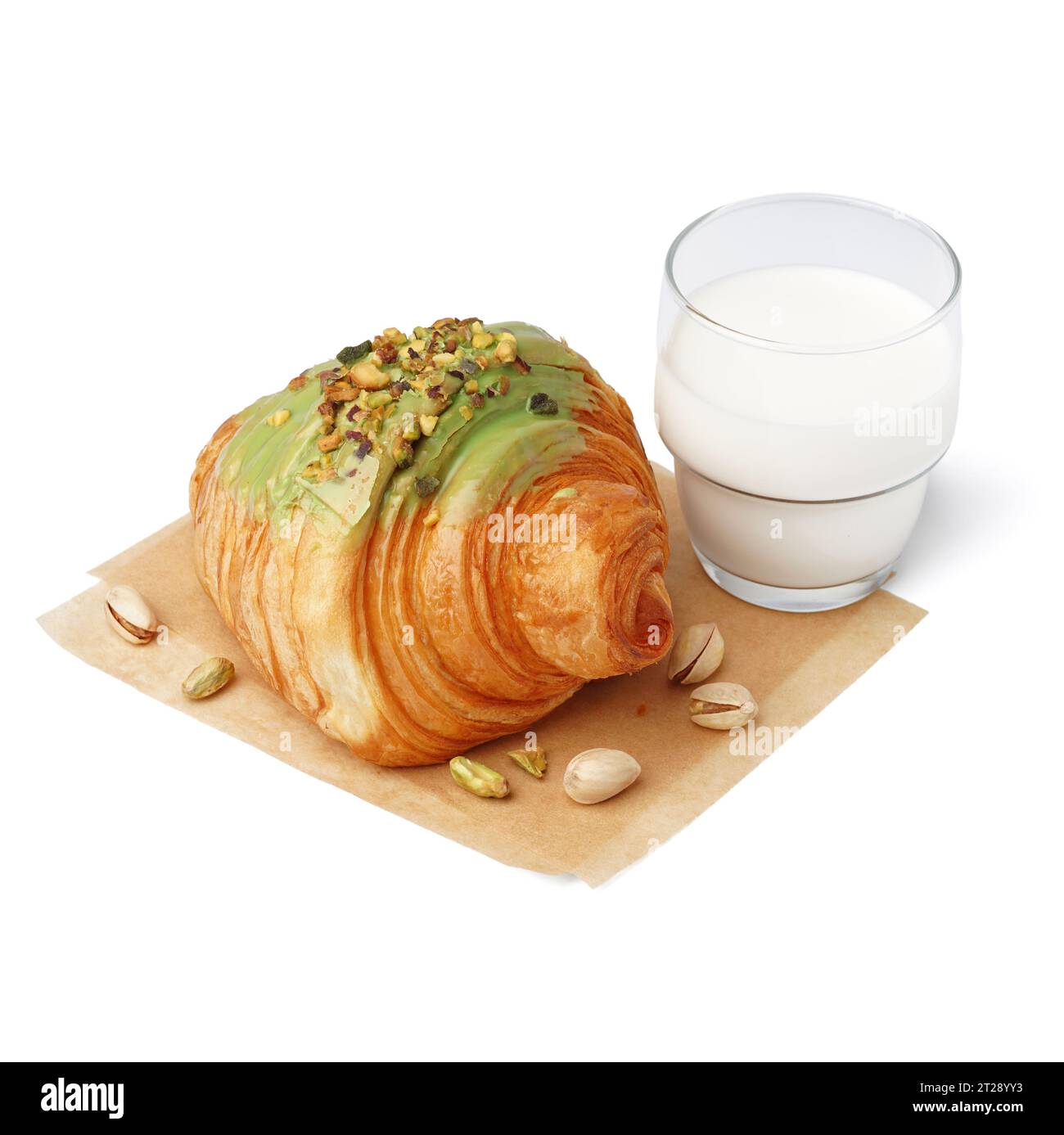 Tasty sweet croissant with glass of milk isolated on white background ...