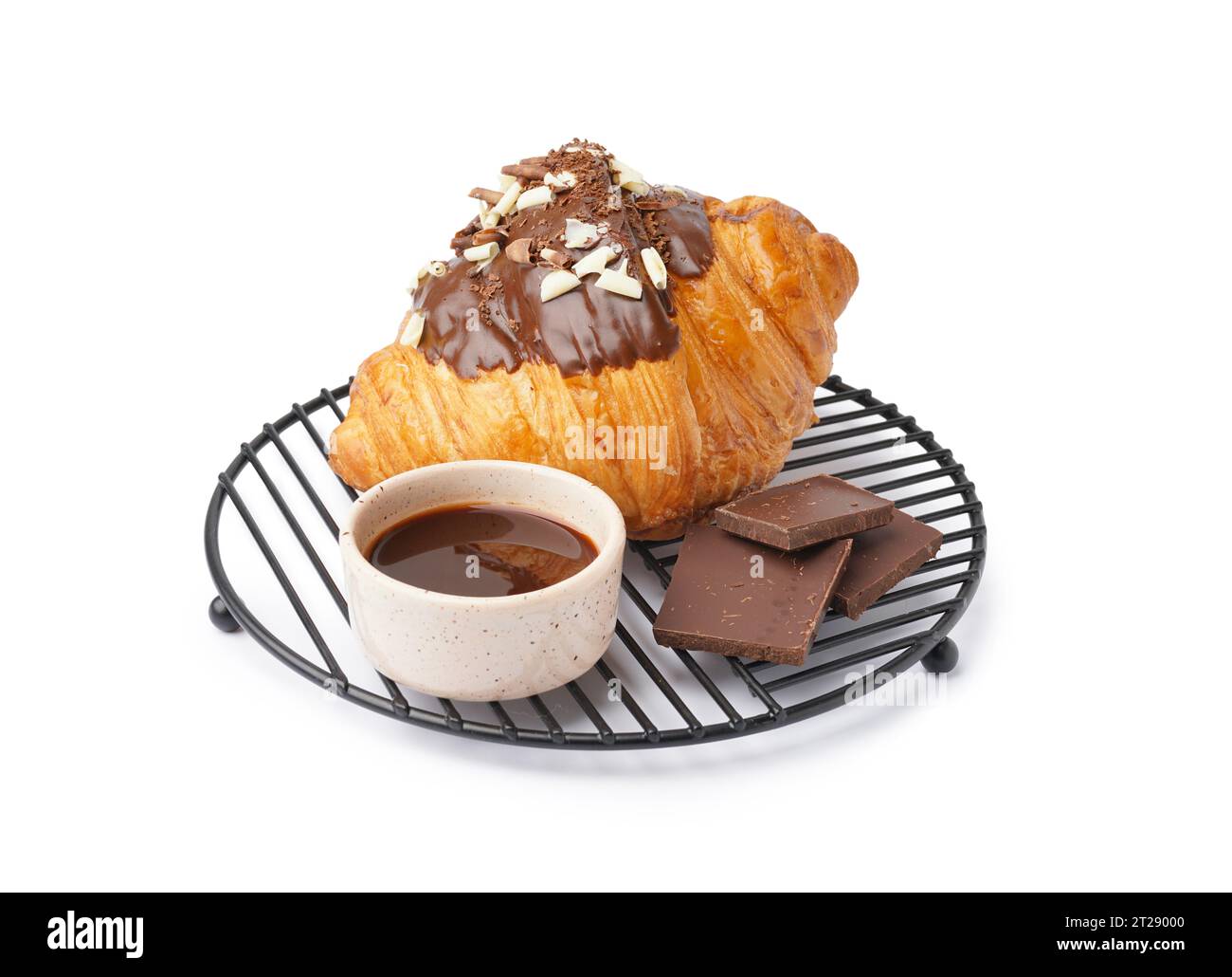 Grid of tasty sweet croissant with chocolate and nuts isolated on white ...