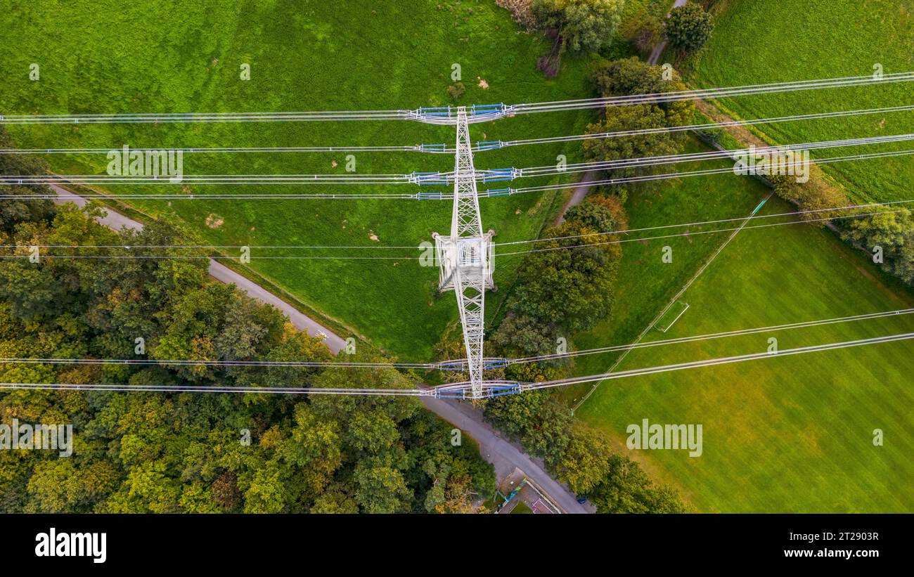 A man made steel tower with power lines in the middle of nature, trees ...