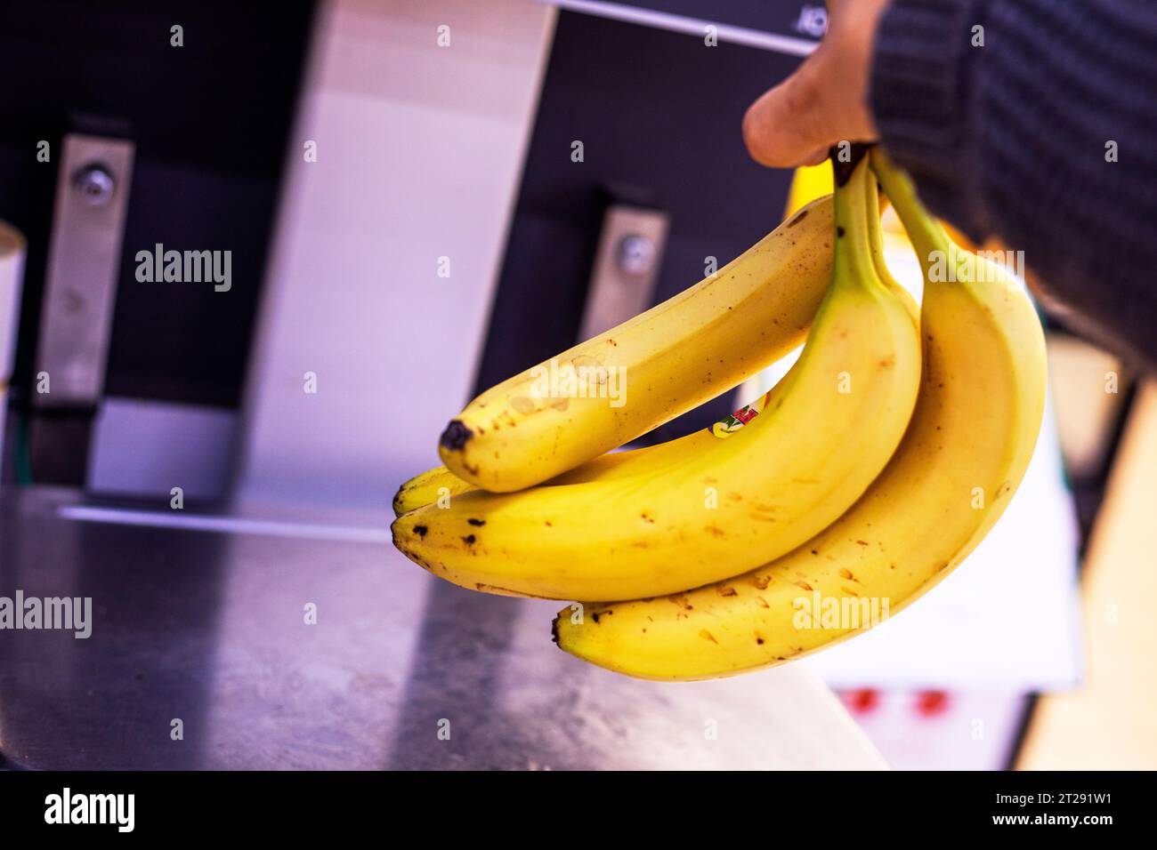 weighing a bunch of ripe yellow bananas on a supermarket scale Stock ...