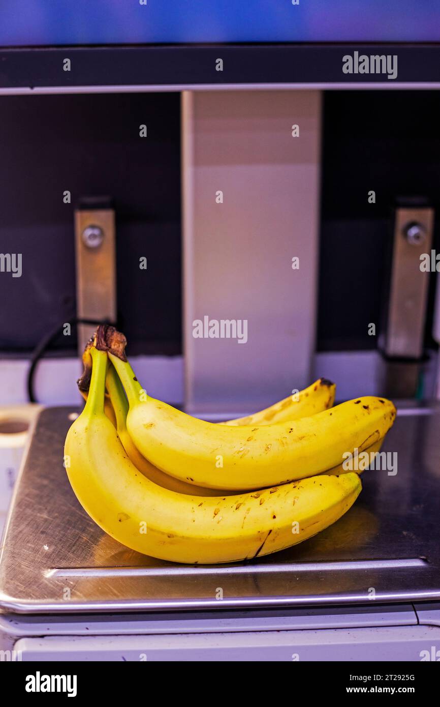 weighing a bunch of ripe yellow bananas on a supermarket scale Stock ...