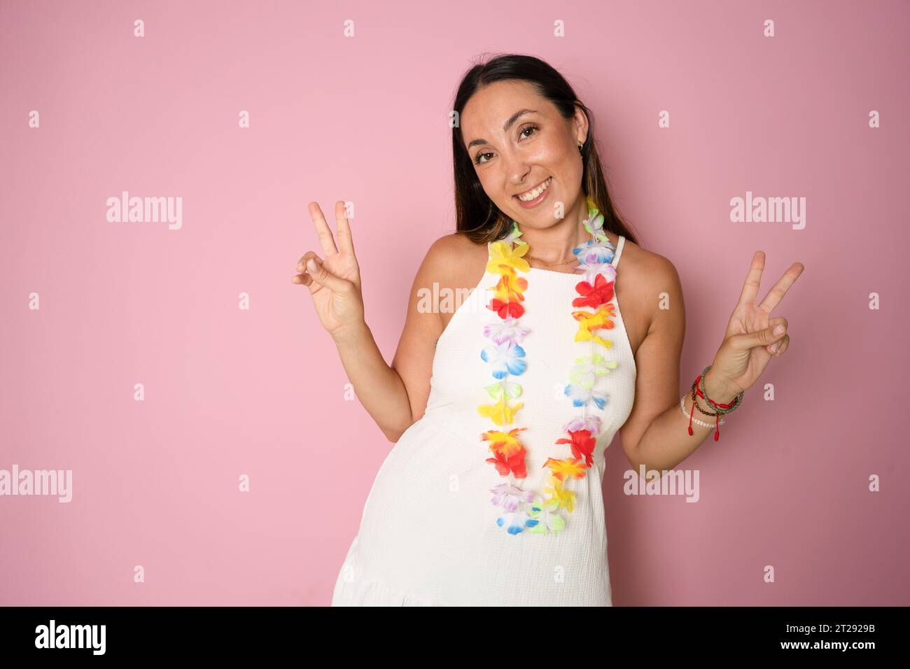 Photo of cheerful satisfied brown long hair lady wear white dress and ...