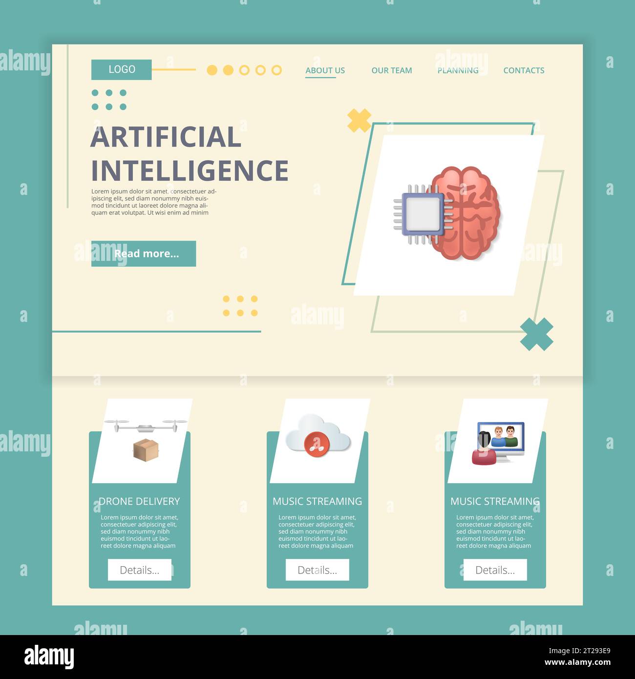 Artificial intelligence flat landing page website template. Drone ...