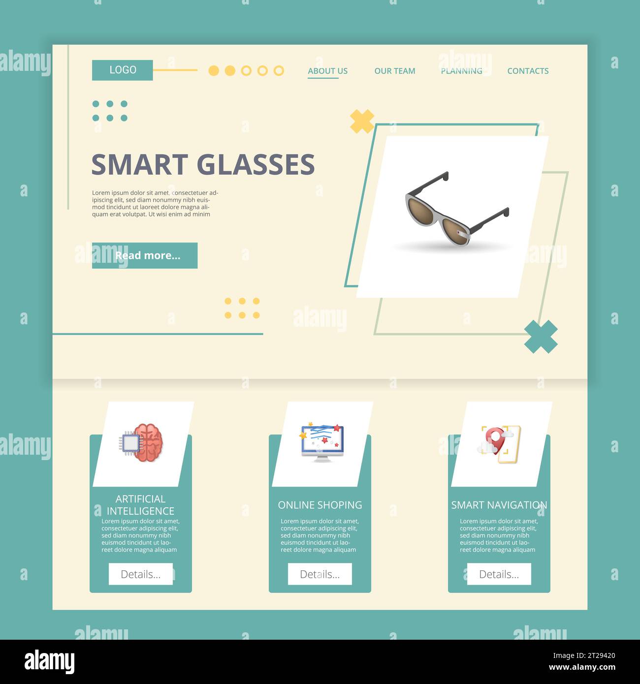 Smart glasses flat landing page website template. Artificial ...
