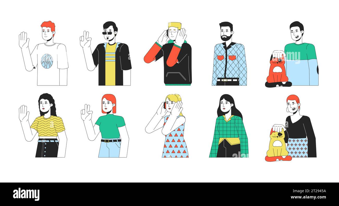 Caucasian Young Adult 2d Linear Cartoon Characters Set Stock Vector