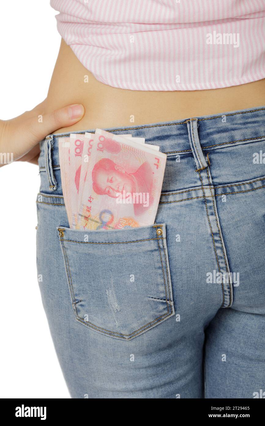 A beautiful Chinese Woman with Chinese RMB Bank Notes iin her hip ...