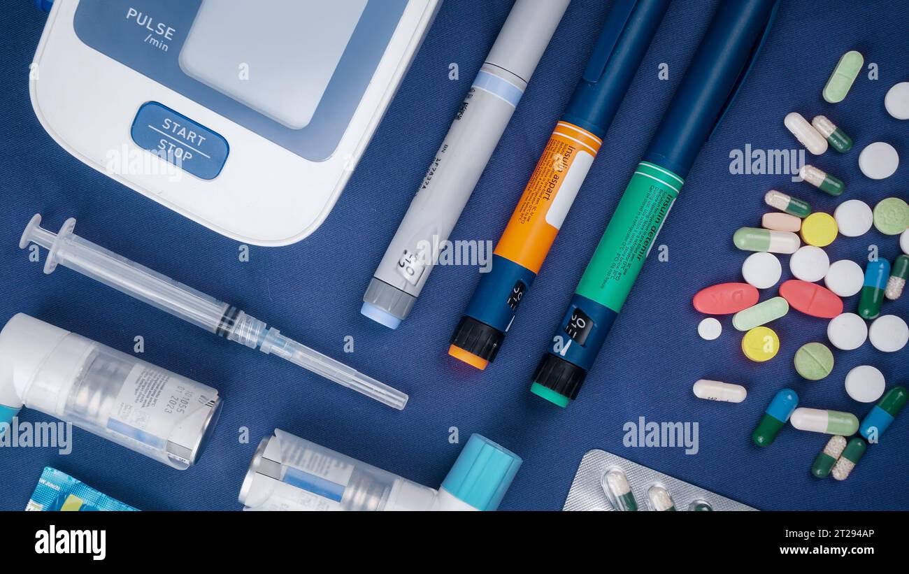 Picture of medical drugs pills, sryinge, insulin pen, automatic blood ...