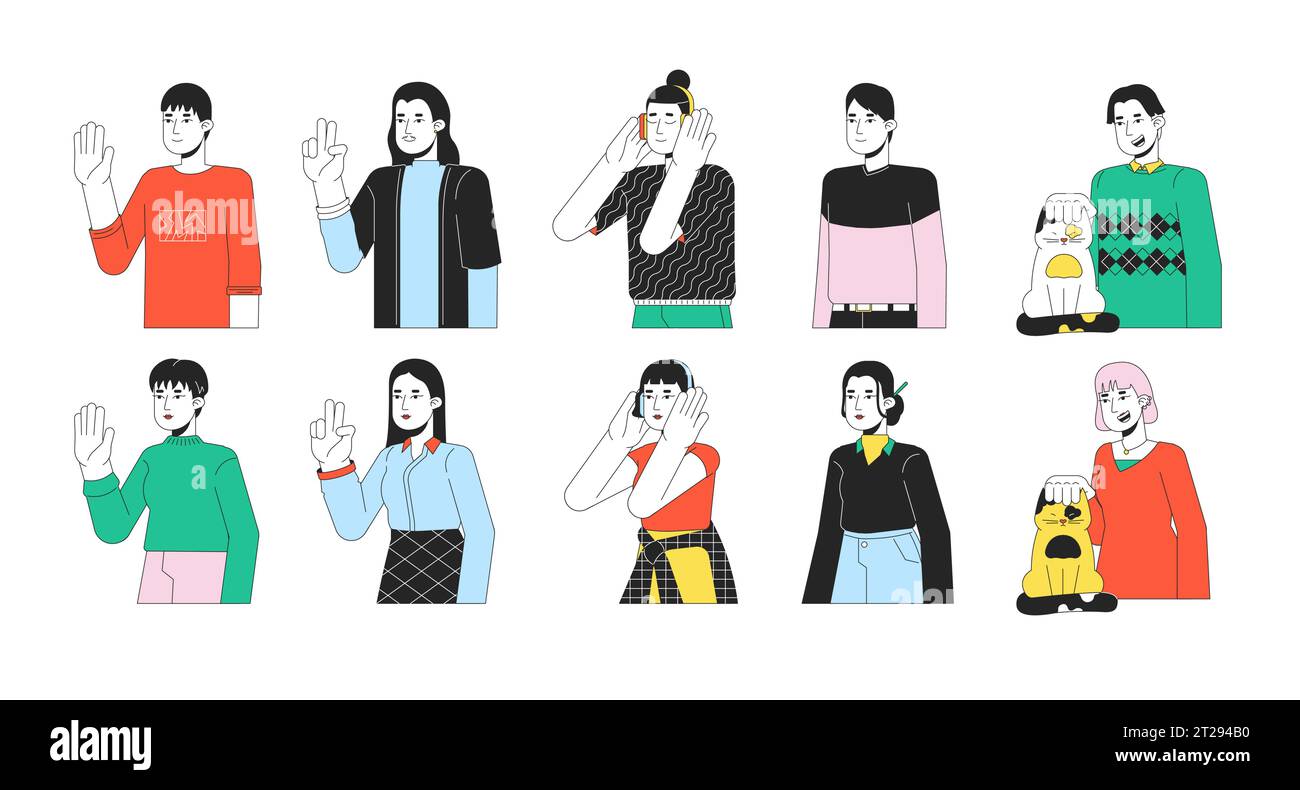 Casual asians 2D linear cartoon characters set Stock Vector Image & Art ...