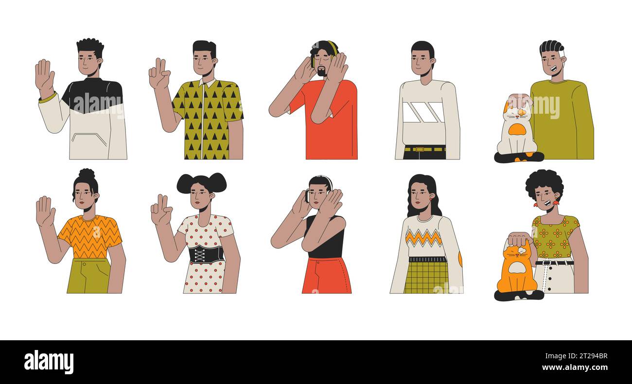 African american millennial 2D linear cartoon characters set Stock ...