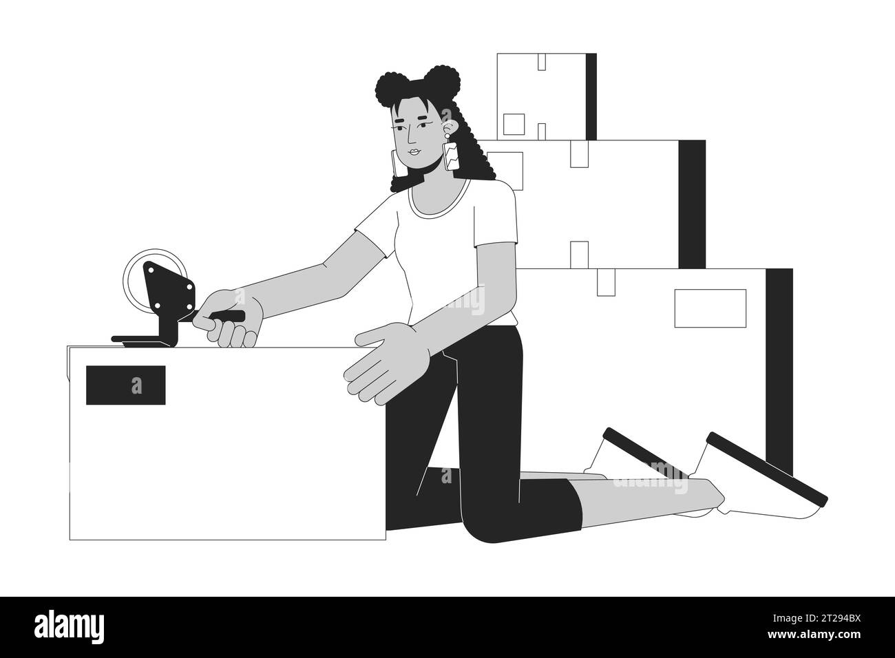 Hispanic girl packing moving boxes black and white cartoon flat ...