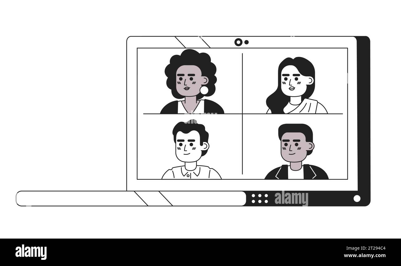 Laptop with group video call black and white 2D cartoon object Stock ...