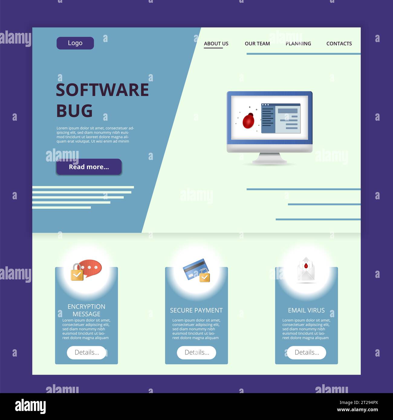 Software bug flat landing page website template. Encryption message ...