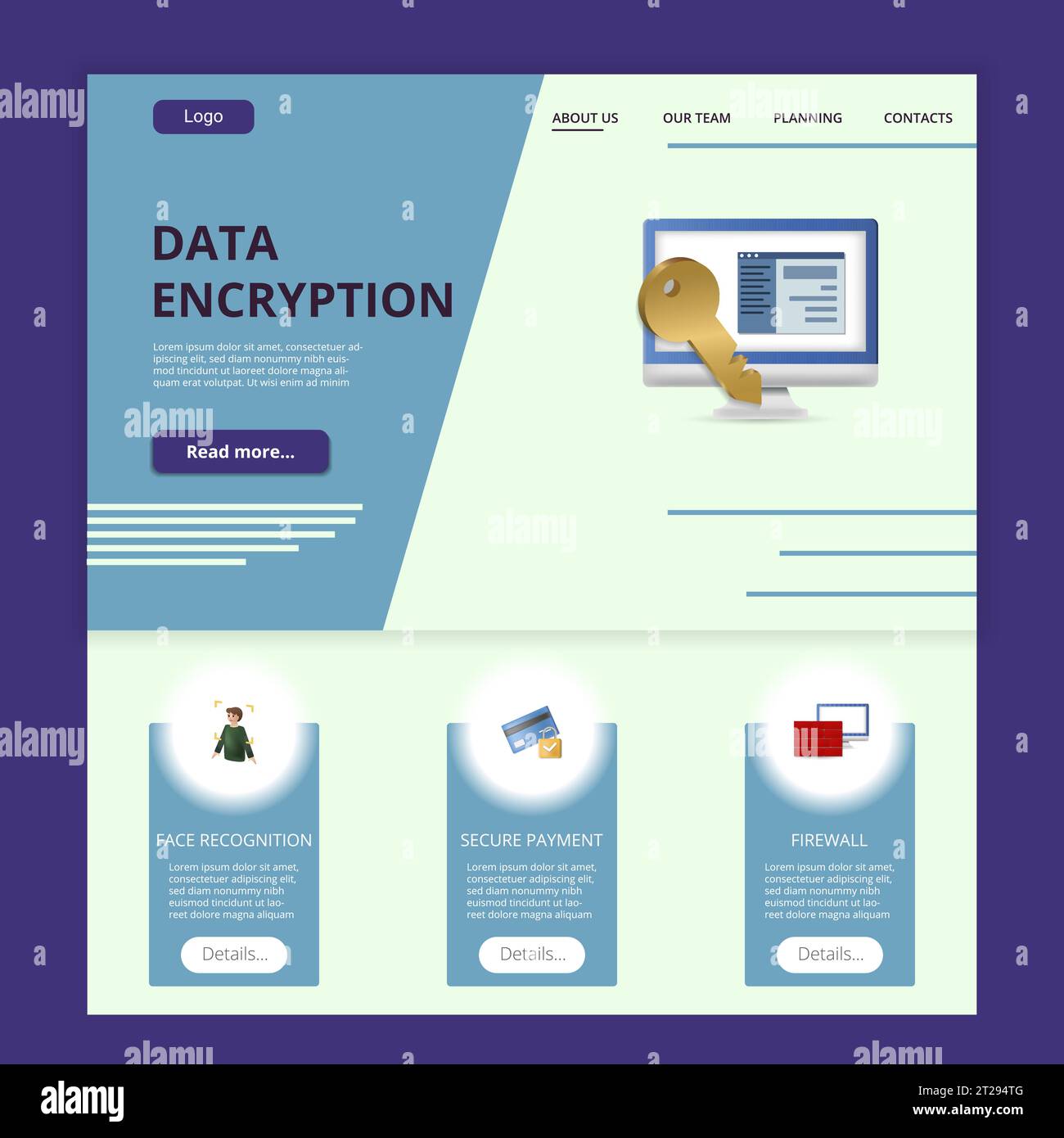 Data encryption flat landing page website template. Face recognition ...