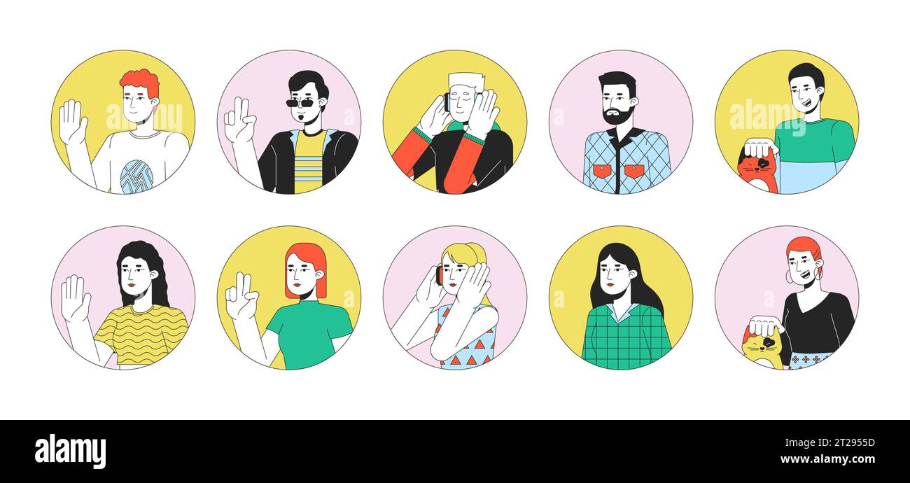 Caucasian young adult 2D linear vector avatars illustration set Stock ...