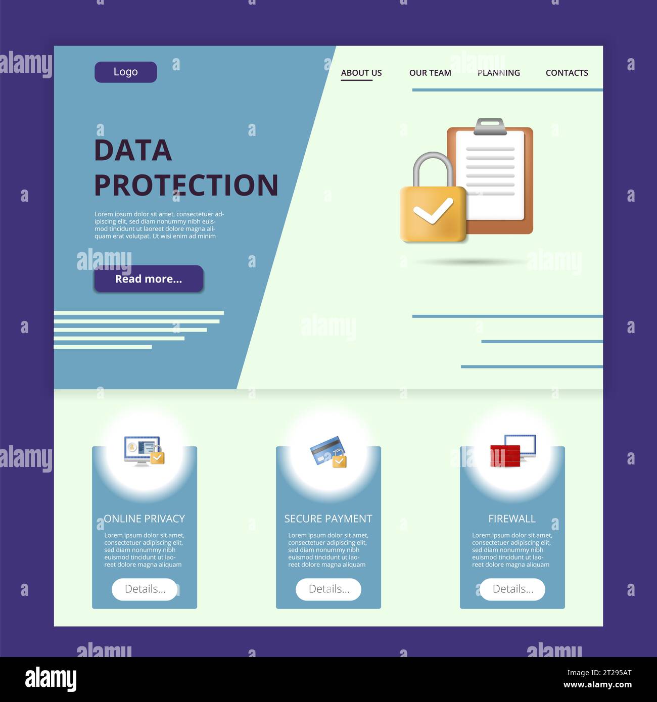 Data protection flat landing page website template. Online privacy, secure payment, firewall ...